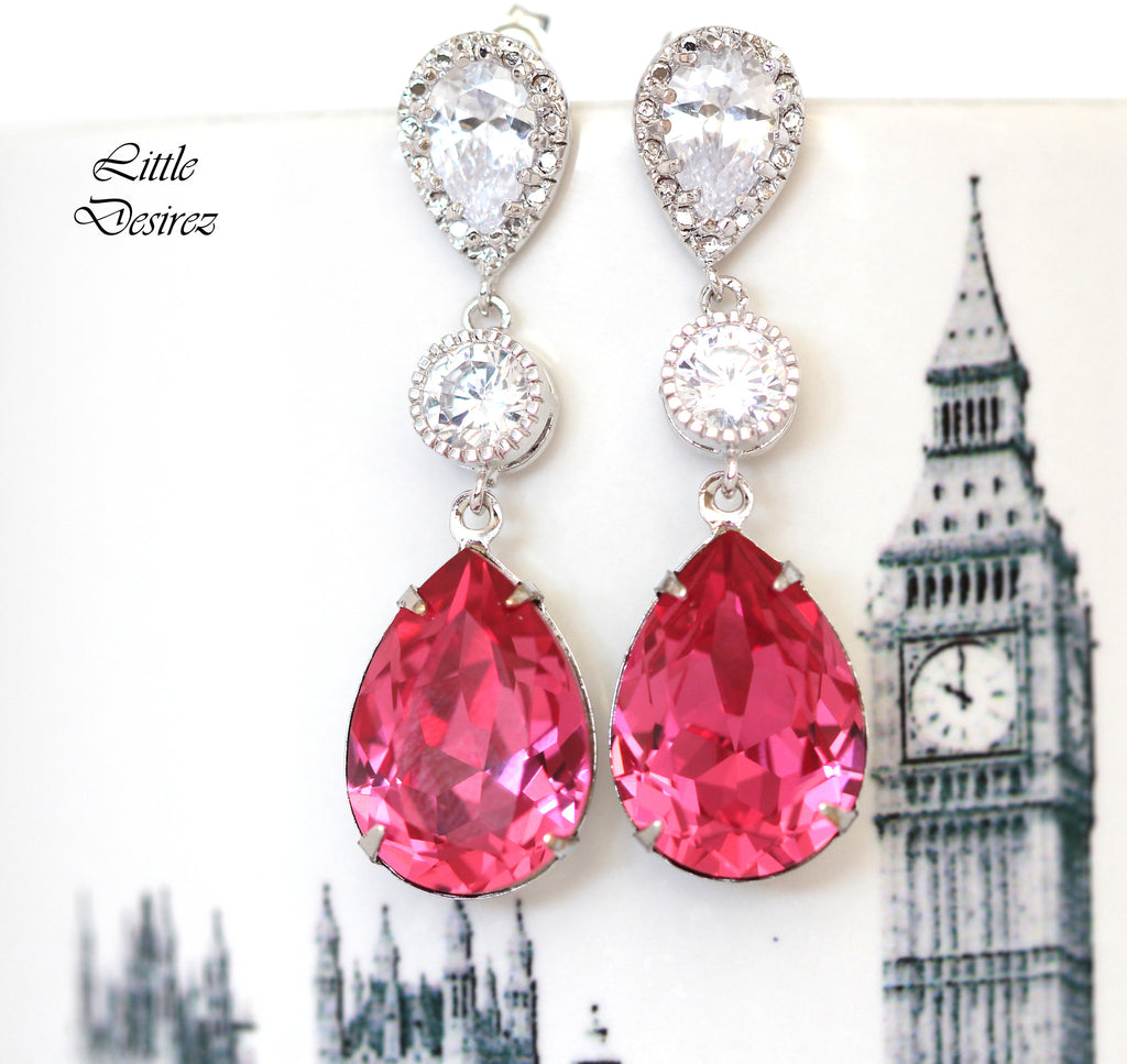 Pink Jewelry Set Hot Pink Earrings Necklace Austrian Crystal Rose Pink ...
